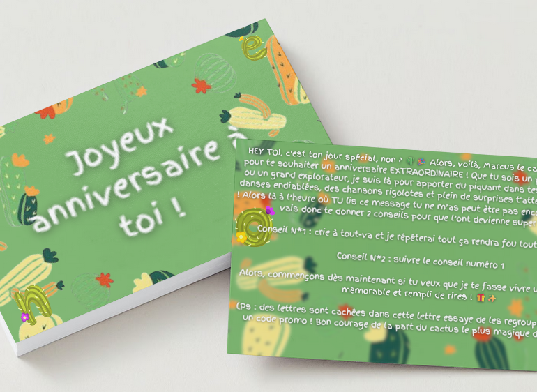 Carte d'anniversaire rigolote avec une énigme ! – Marcus le cactus